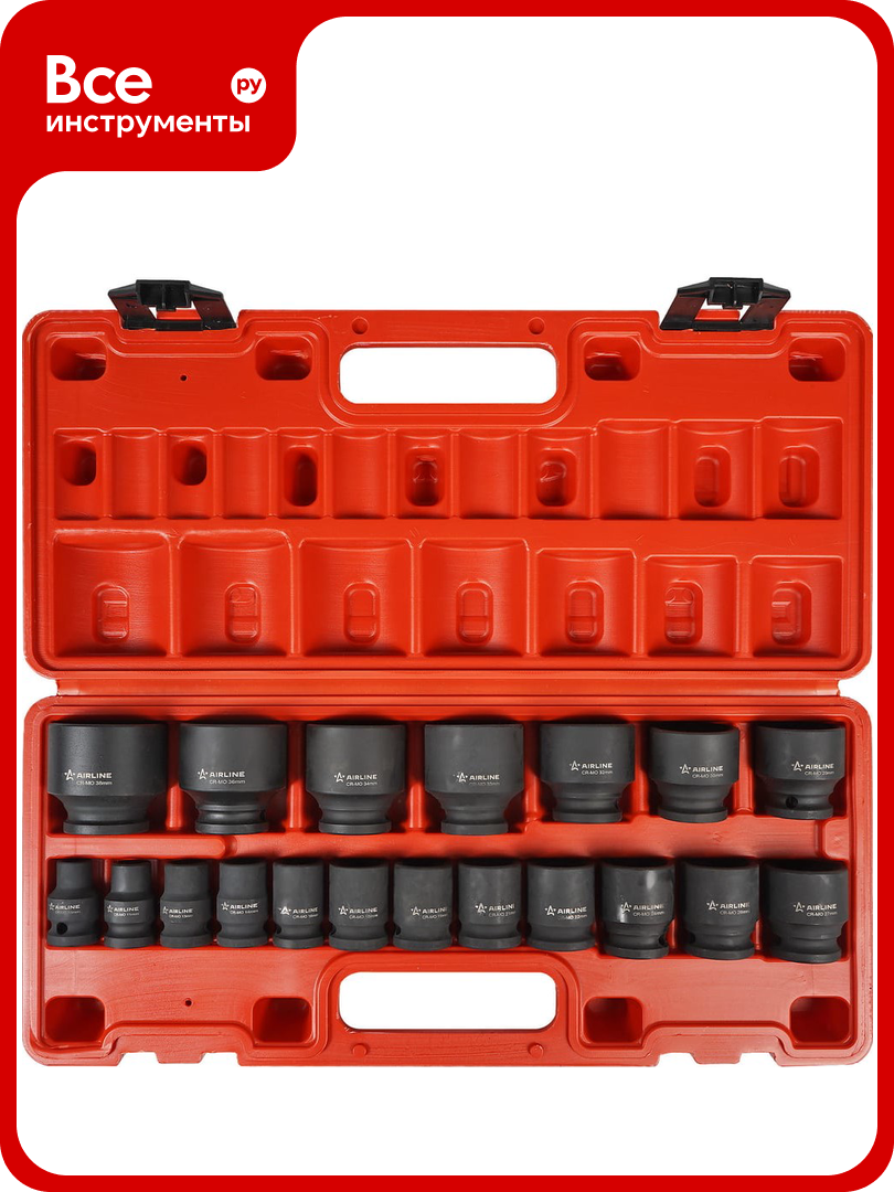 Набор ударных головок DR, 38 мм, 19 штук, CrMo, внутренний шестигранник, квадратное крепление, пластиковый кейс