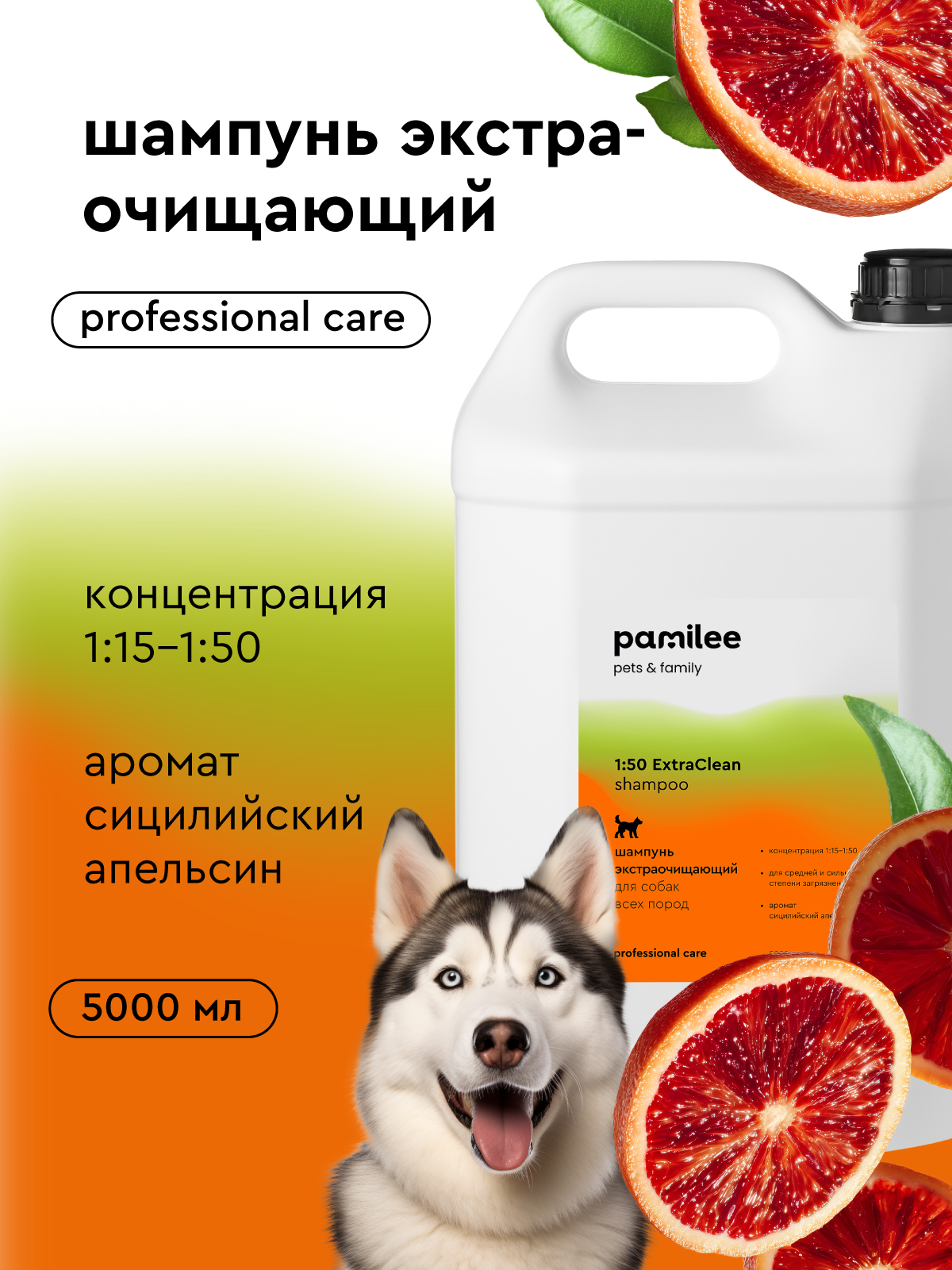 Профессиональный шампунь для собак Pamilee Groom ExtraClean, с ароматом апельсина, 5л, концентрат
