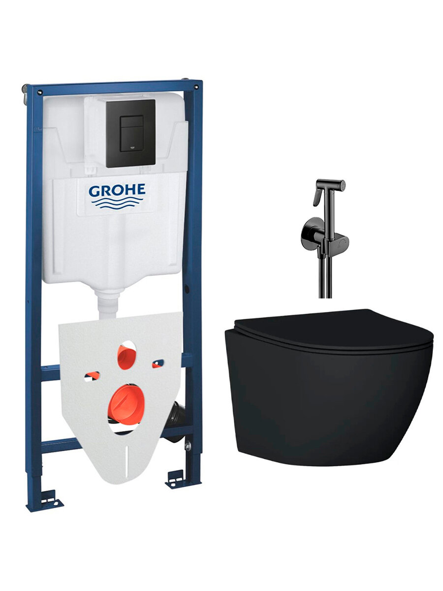 Инсталляция с унитазом и гигиеническим душем: унитаз Helmken 35103001B, инсталляция Grohe, шумоизоляция, гиг. душ