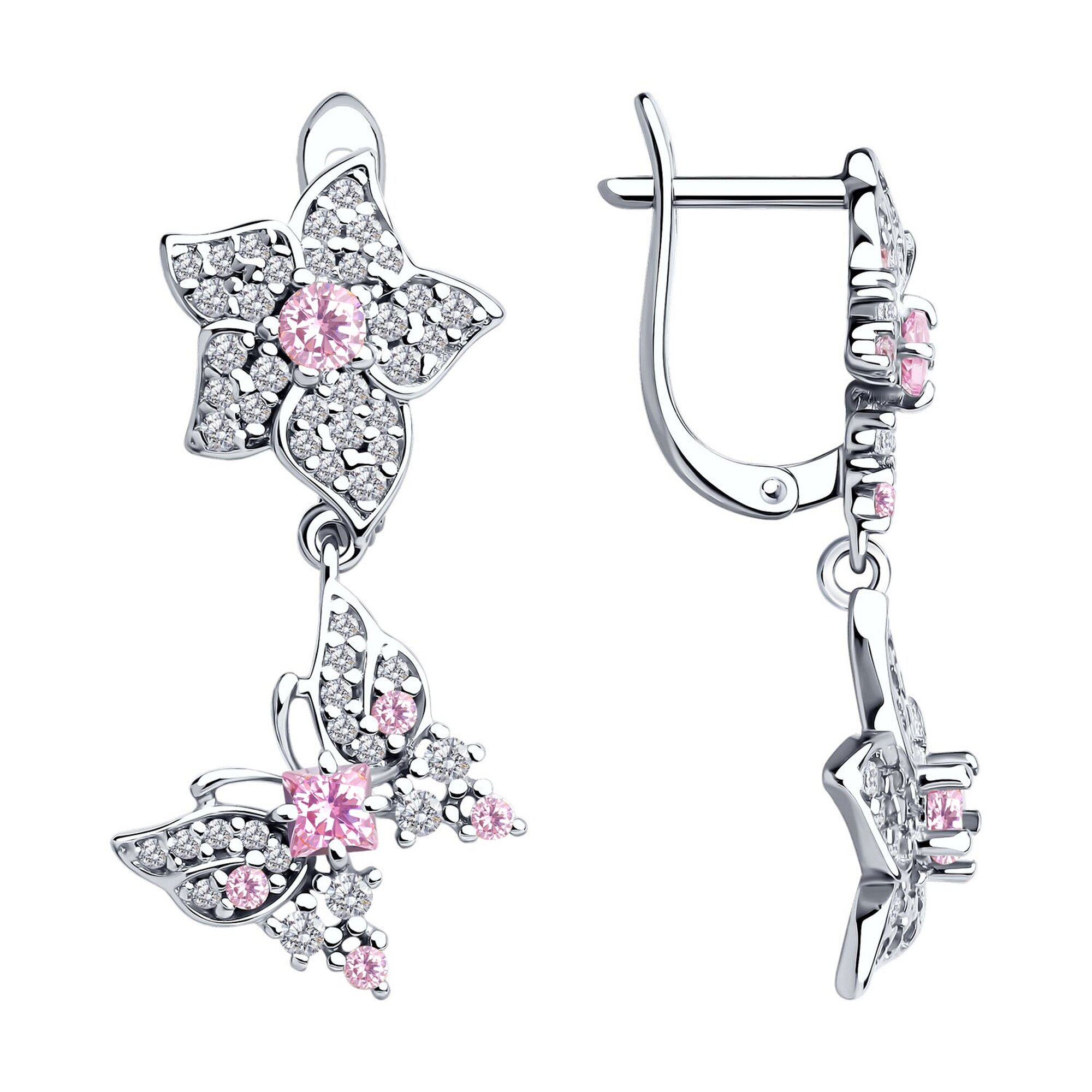 Серьги с подвесками, серебро, 925 проба, родирование, фианит