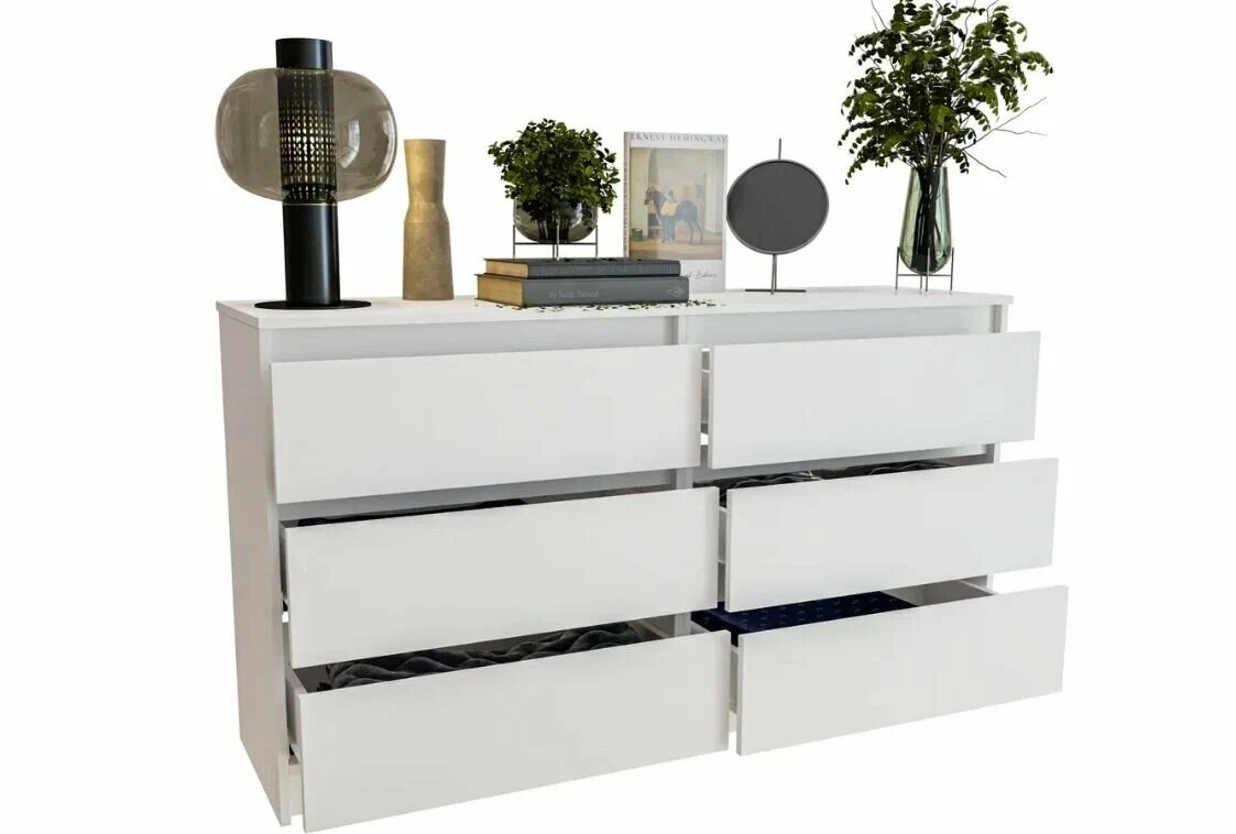 Комод для одежды и вещей Мори, 6 ящиков, в спальню для белья, 120 см, напольный, белый