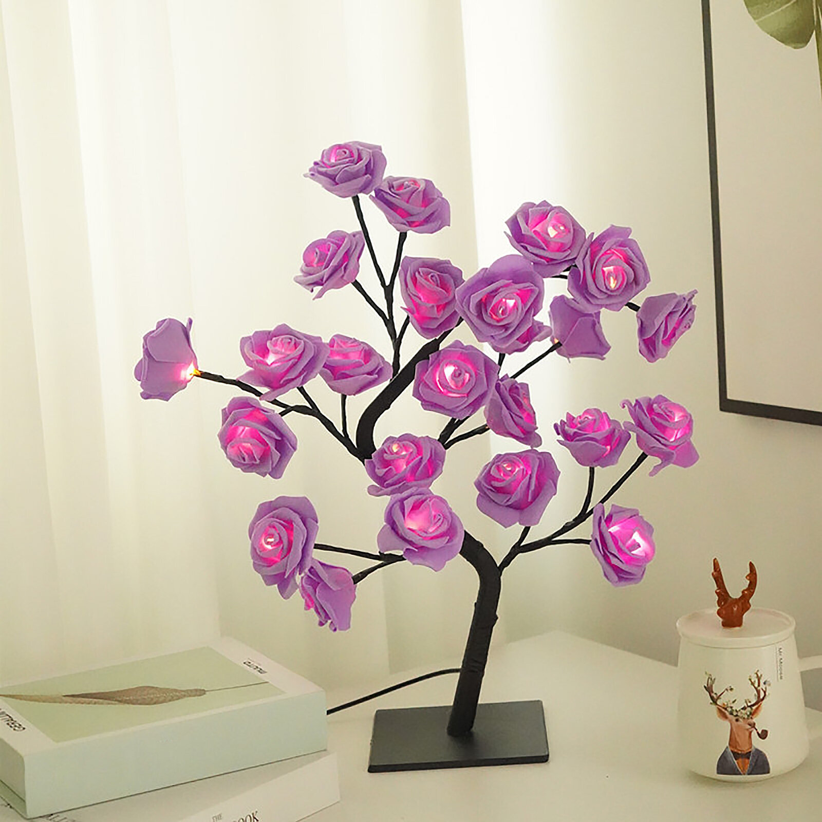 Светодиодная Настольная Лампа Rose Flower Tree USB 24 Светодиода С Теплой Подсветкой Искусственного Цвета для Домашнего Декора Свадебной Вечеринки Фиолетового Цвета