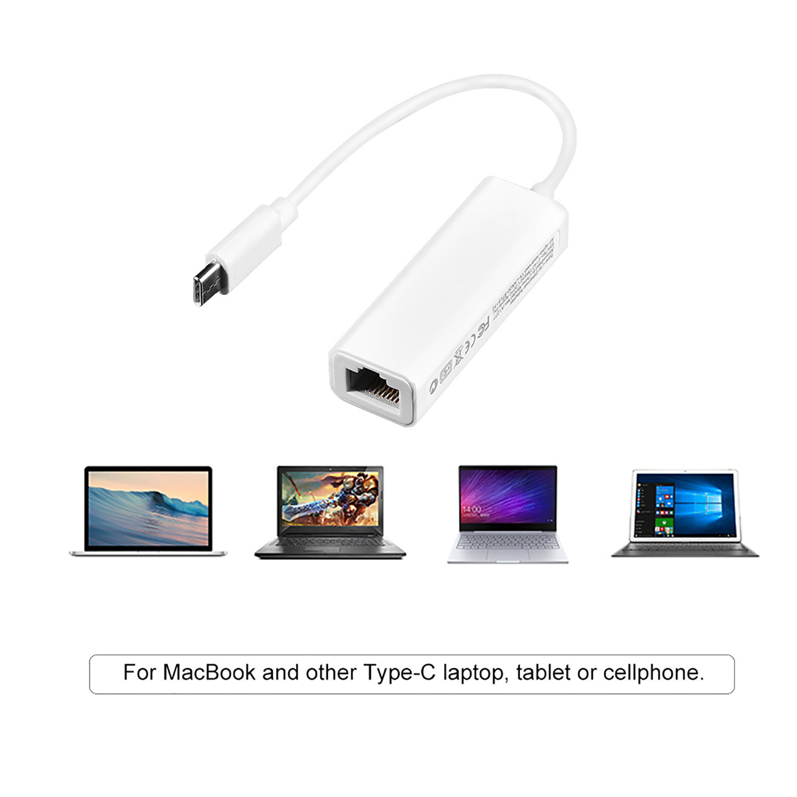 Адаптер USB 3.1 Type C к RJ45 Ethernet LAN с передачей данных 100Mbps для ноутбуков MacBook USB-C, белый цвет, пластик, длина кабеля 12cm, размер 59*22*15mm, вес упаковки 25g, 1шт, чип 8152B, совместимость с Windows XP/7/8 и Mac OS