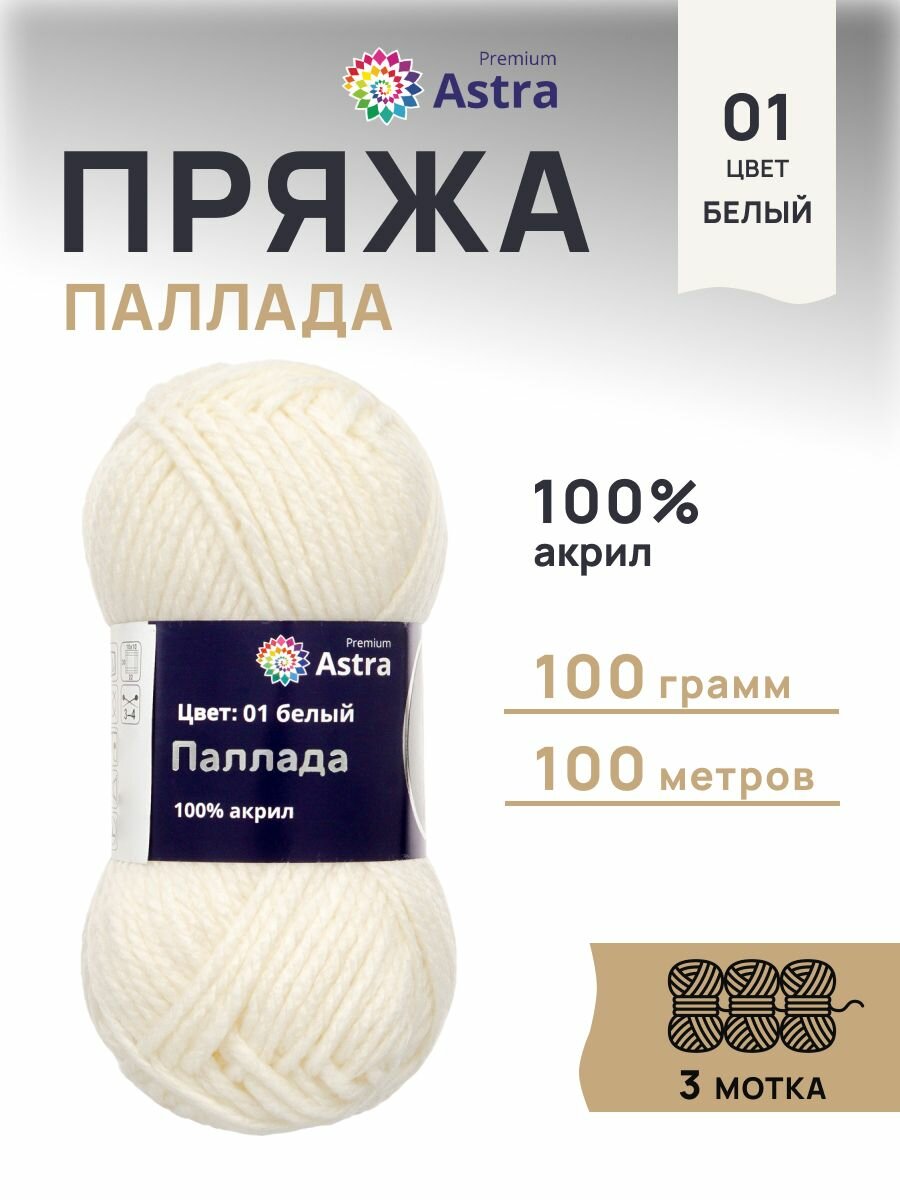 Пряжа для вязания Astra Premium 'Паллада' 100г, 100м (100% акрил) (01 белый), 3 мотка