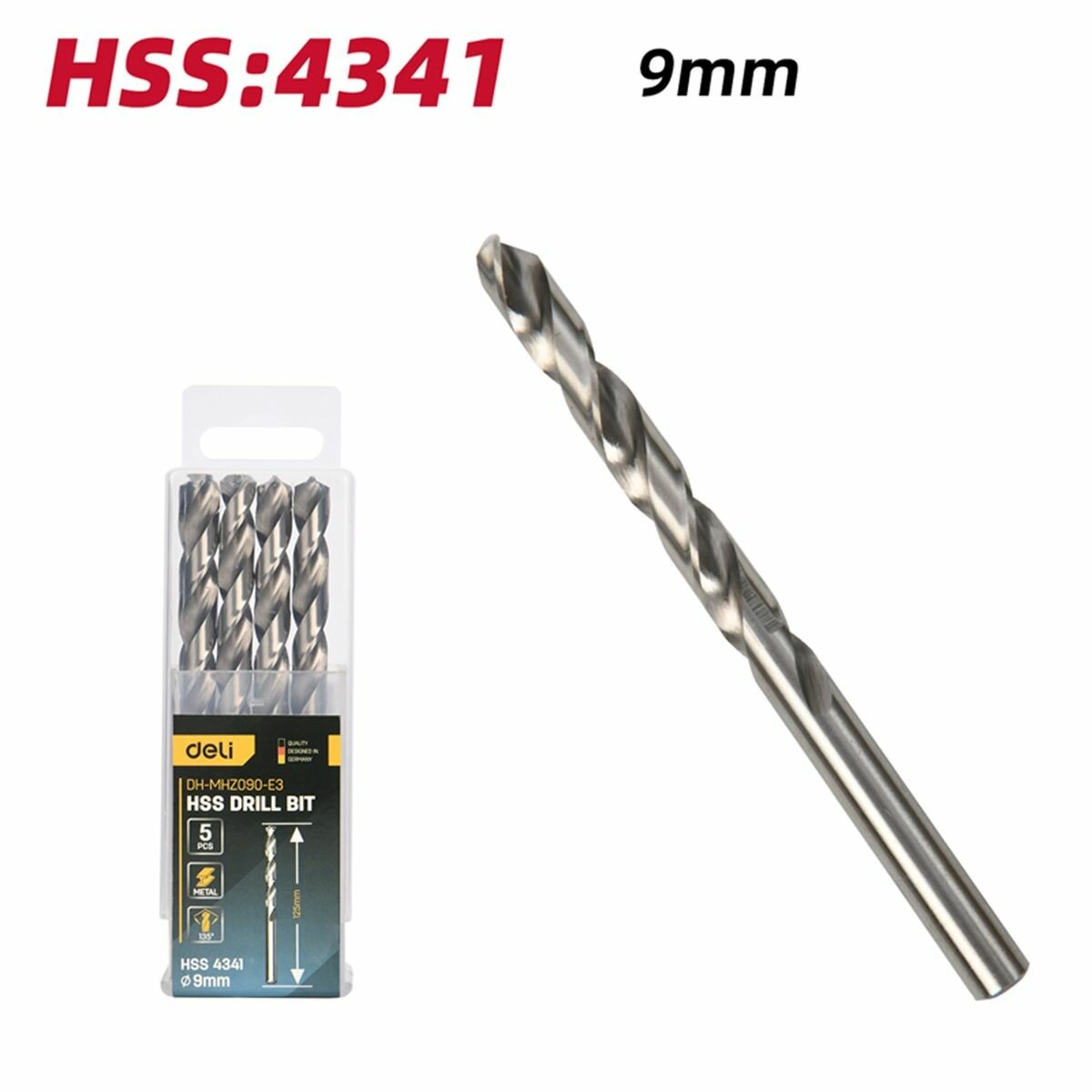 Набор сверл по металлу (9мм, 5шт) Deli DH-MHZ090-E3 сталь HSS 4341, угол заточки 135 град, пласт. кейс