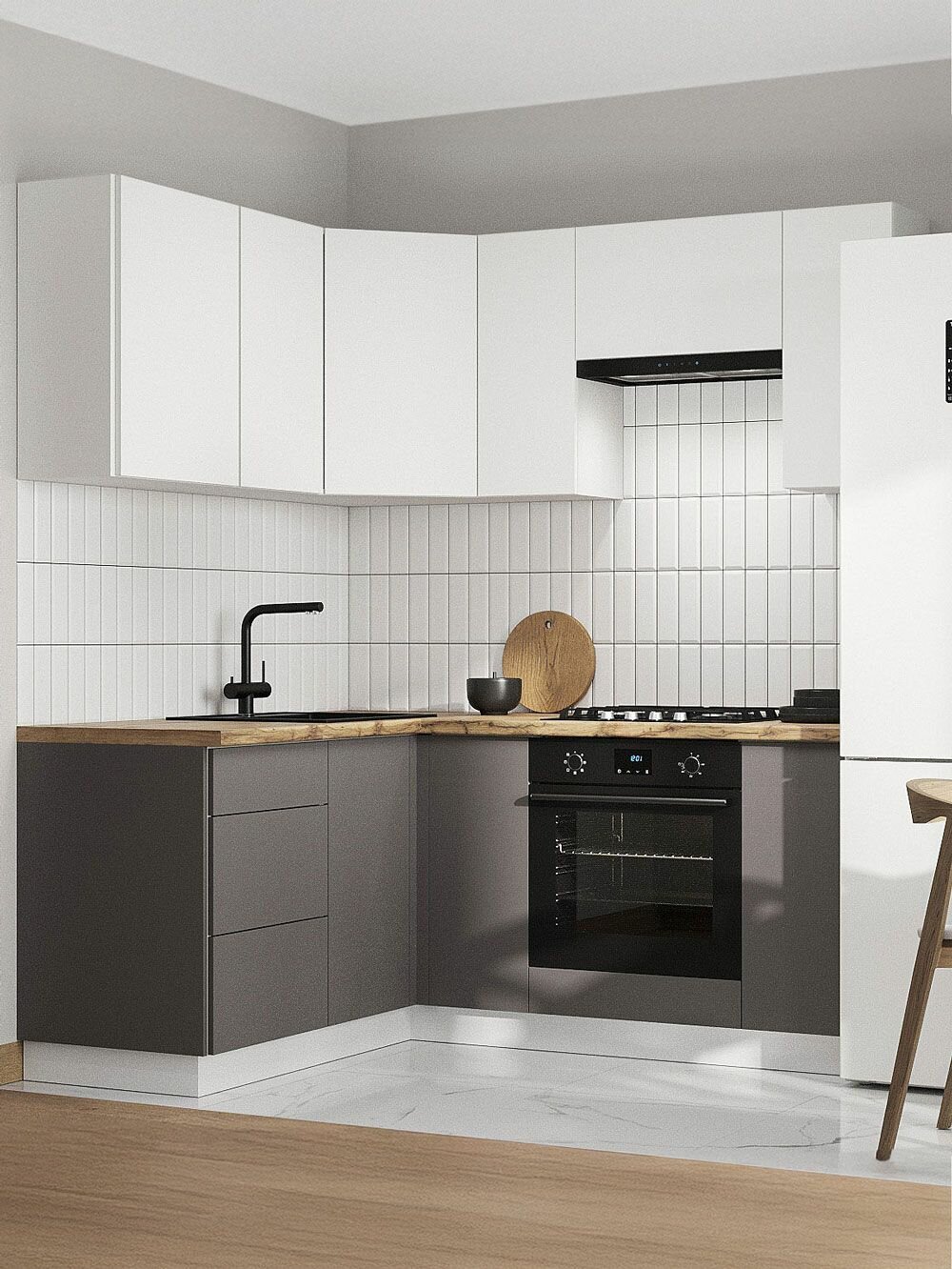 Кухонный гарнитур угловой Тандем 1.8х1.5 м, мебель для дома и кухни, Белый / Бланж / Грей