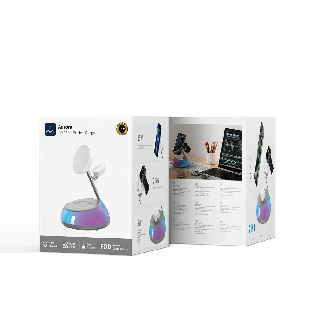 Беспроводное зарядное устройство Wiwu Wi-W036 Aurora Qi2.0 3 in 1