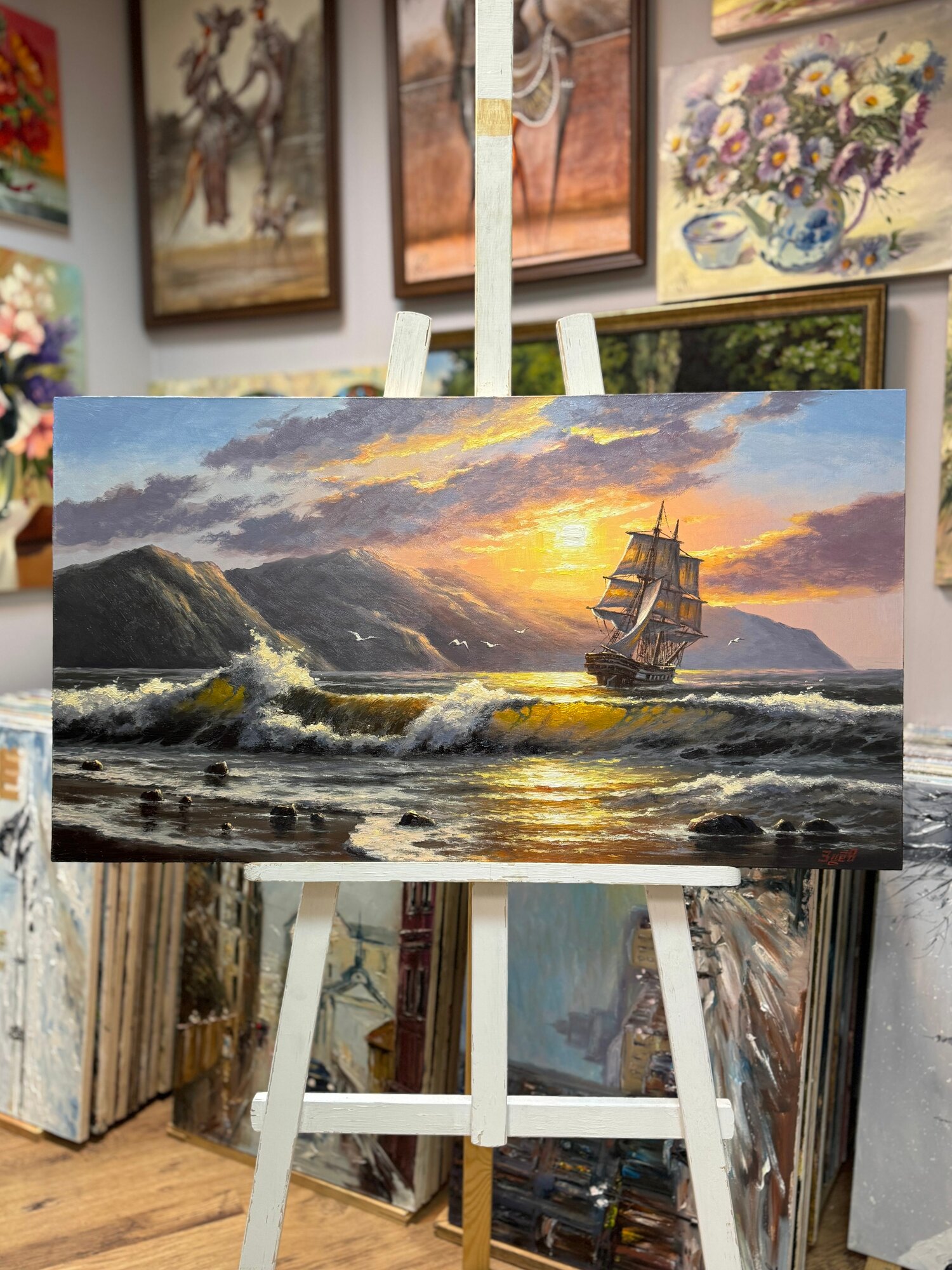 Картина маслом морской пейзаж, корабль, горы, восход солнца. 50х90 см. Художественная мастерская Грезы.