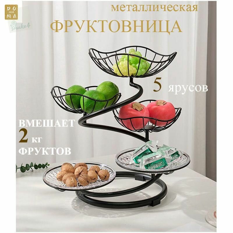 Фруктовница металлическая стеклянная 5ярусная сушилка ваза корзина подставка для фруктов конфетница на ножке черная лева BJ2312292 01