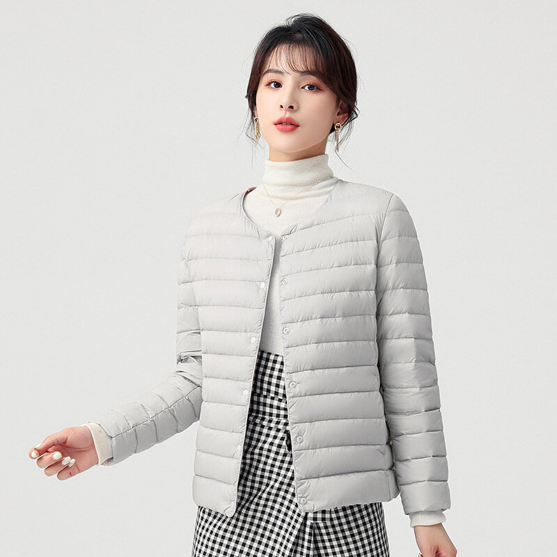 Куртка, Женская легкая пуховая куртка без воротника, ультратонкая и компактная для носки осенью и зимой, на белом пуху, с V-образным вырезом, универсальная под куртку