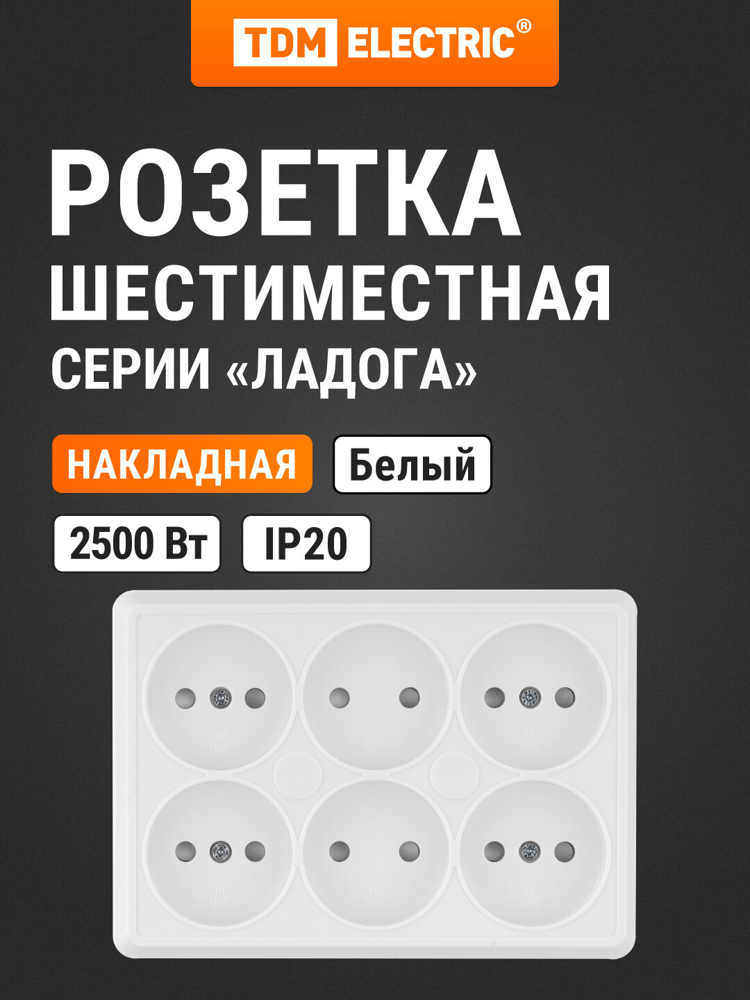 Розетка шестиместная 2П открытой установки IP20 10A с защитными шторками белая "Ладога" TDM