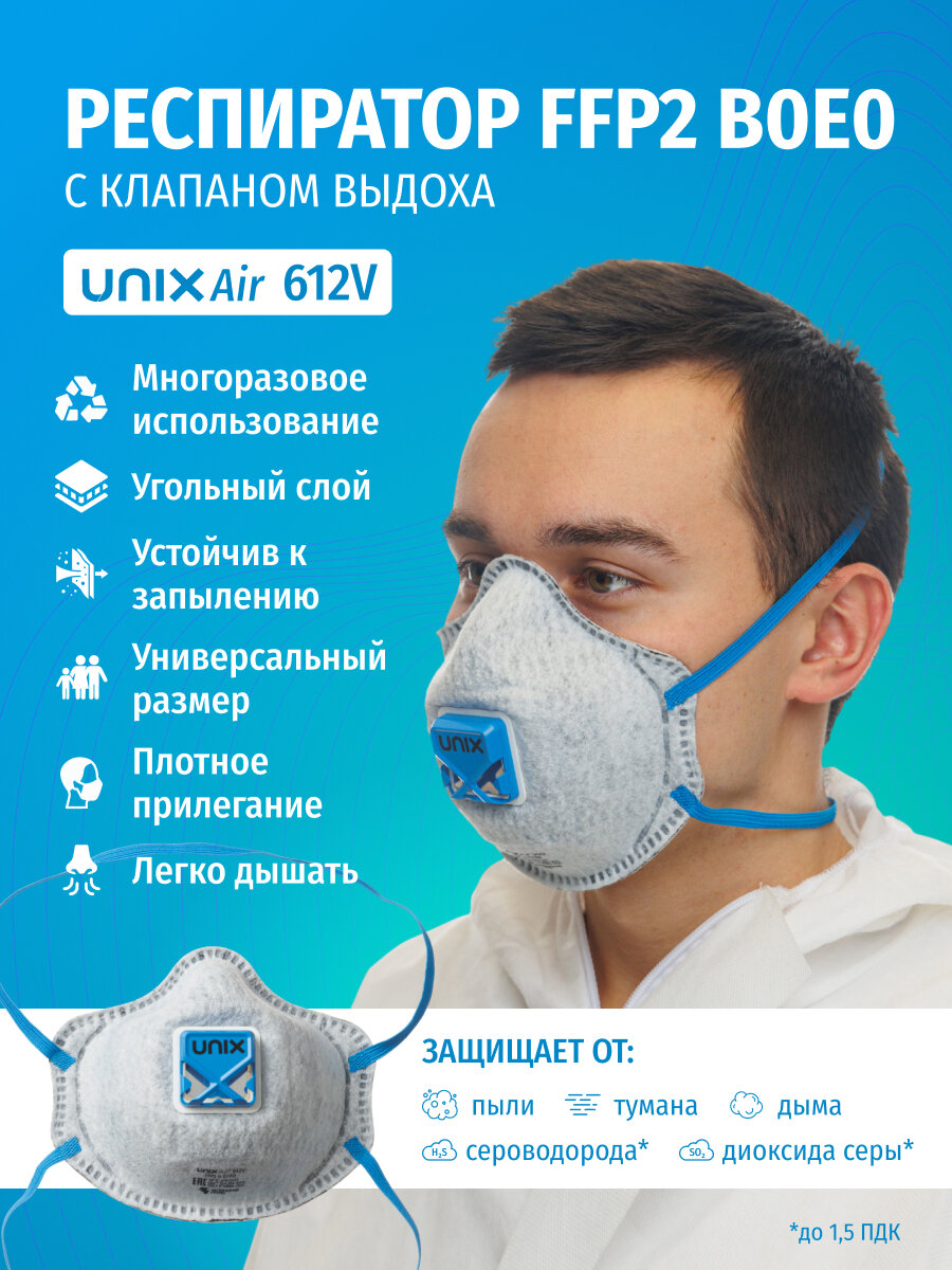 Респиратор для обработки сада и помещений UNIXAir 612V FFP2 B0E0 R D от химии многоразовый угольный с клапаном
