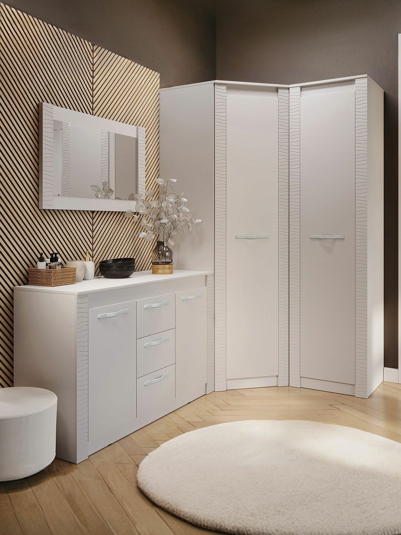 Прихожая комплект Далия со шкафами, с зеркалом, с комодом, с полками, с ящиками, со штангой, 227х147х220 см, Кашемир