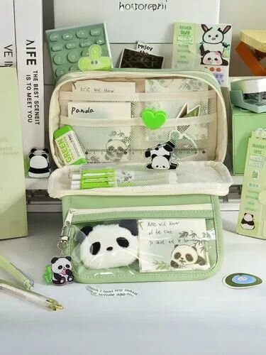 Пенал для девочек и мальчиков дизайнерский школьный большой ёмкости с 9 отделениями, зеленый панда