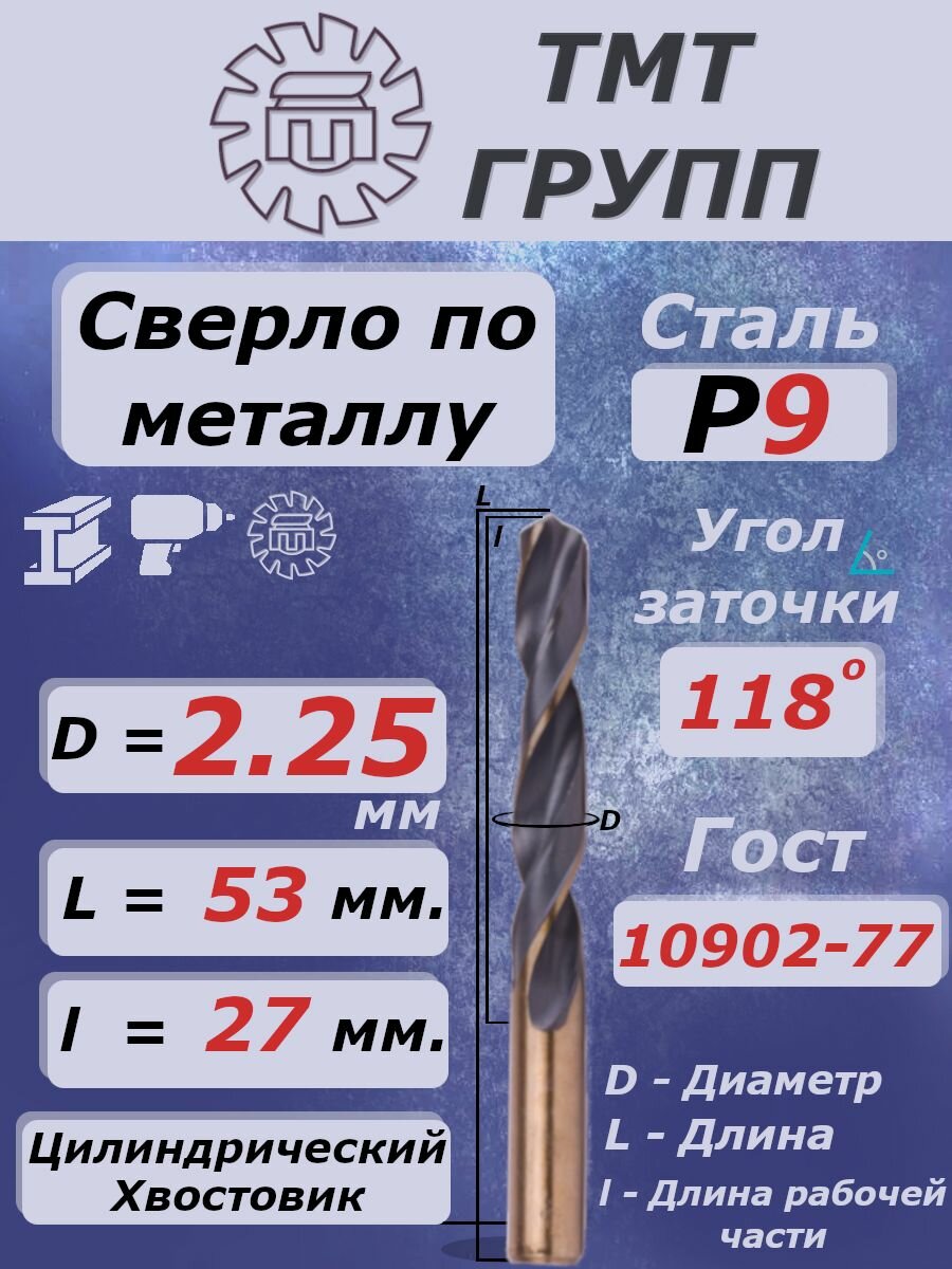 Сверло по металлу, цилиндрический хвостовик, ц/х, 2.25 Р9 ТМ*