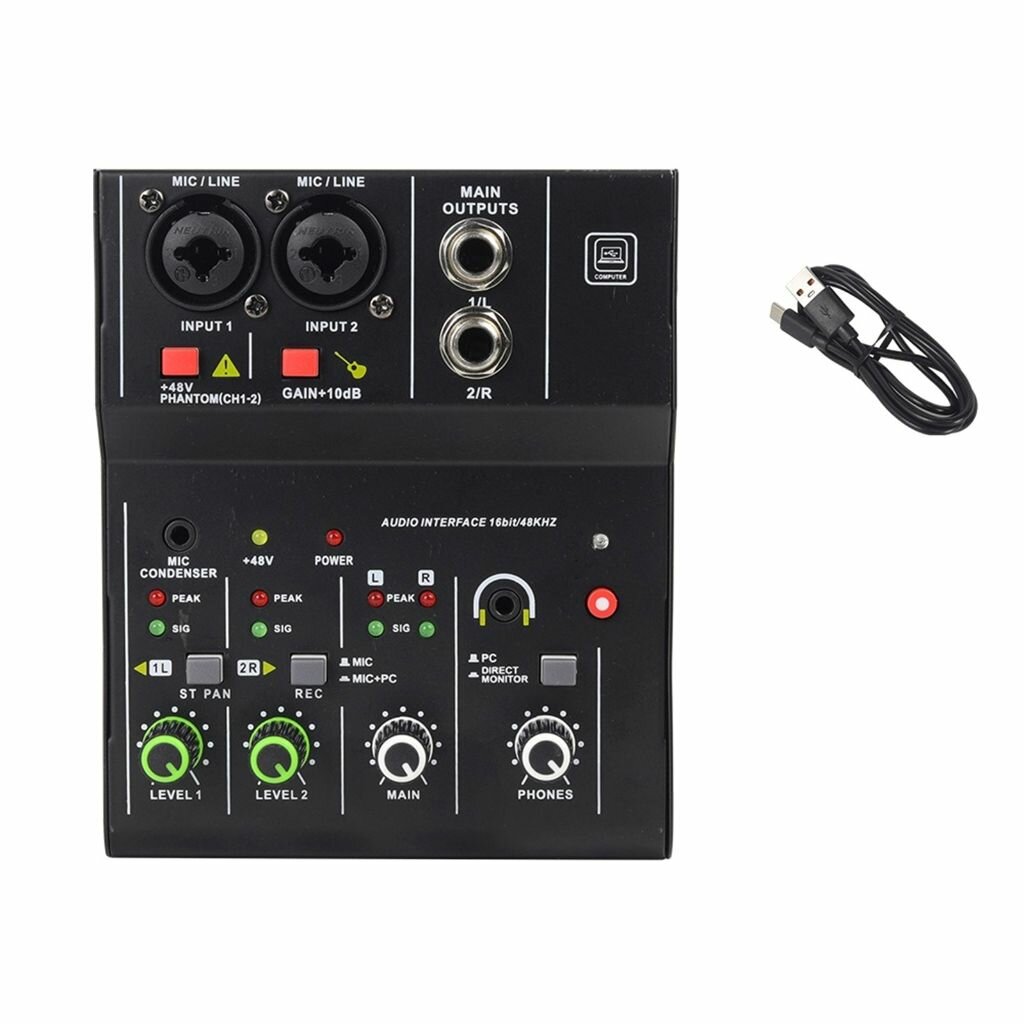 Портативный микшер с двумя входами, 48V фантомное питание, беспроводная поддержка Bluetooth для сцены и студии, Черный