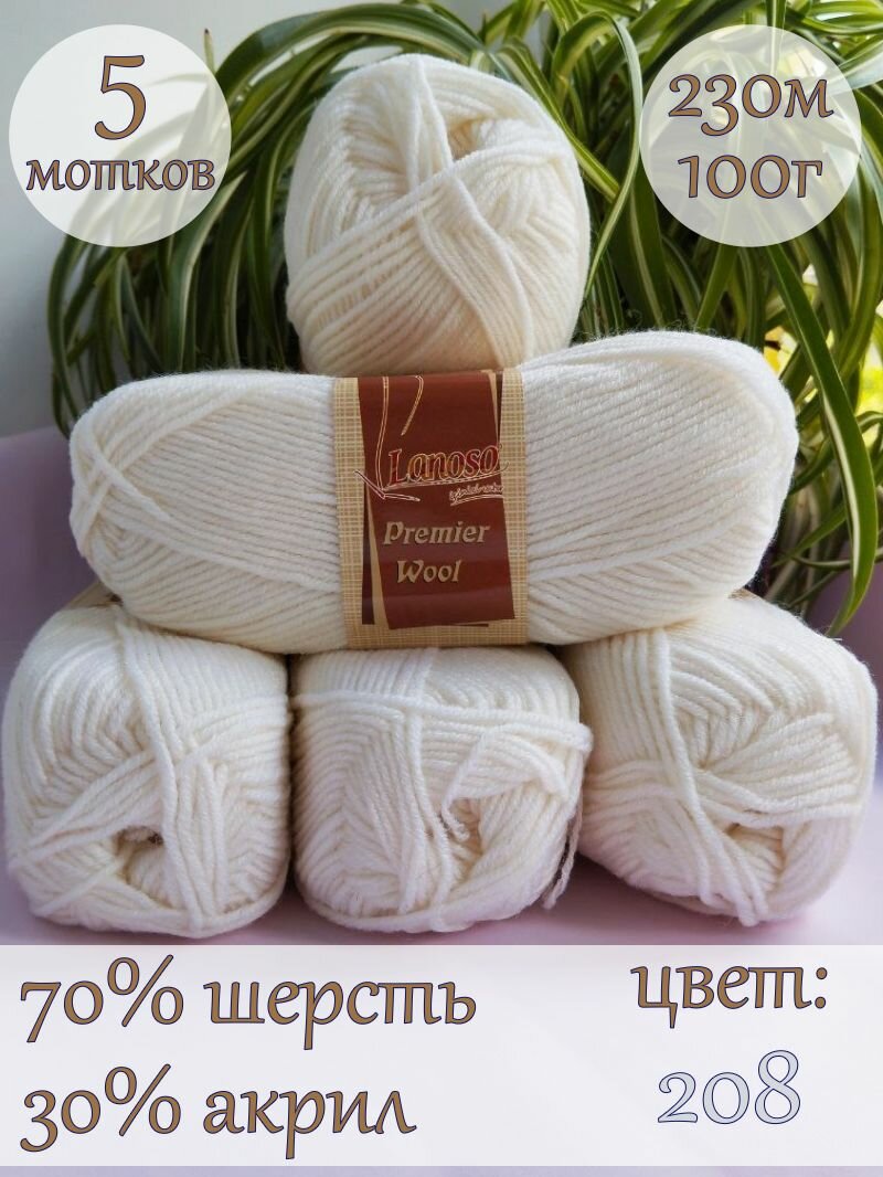 Пряжа для вязания Premier Wool Lanoso (Премьер Вул Ланосо) / цвет 208 - Белый (партия 67728) / 5 мотков / 230м/100г