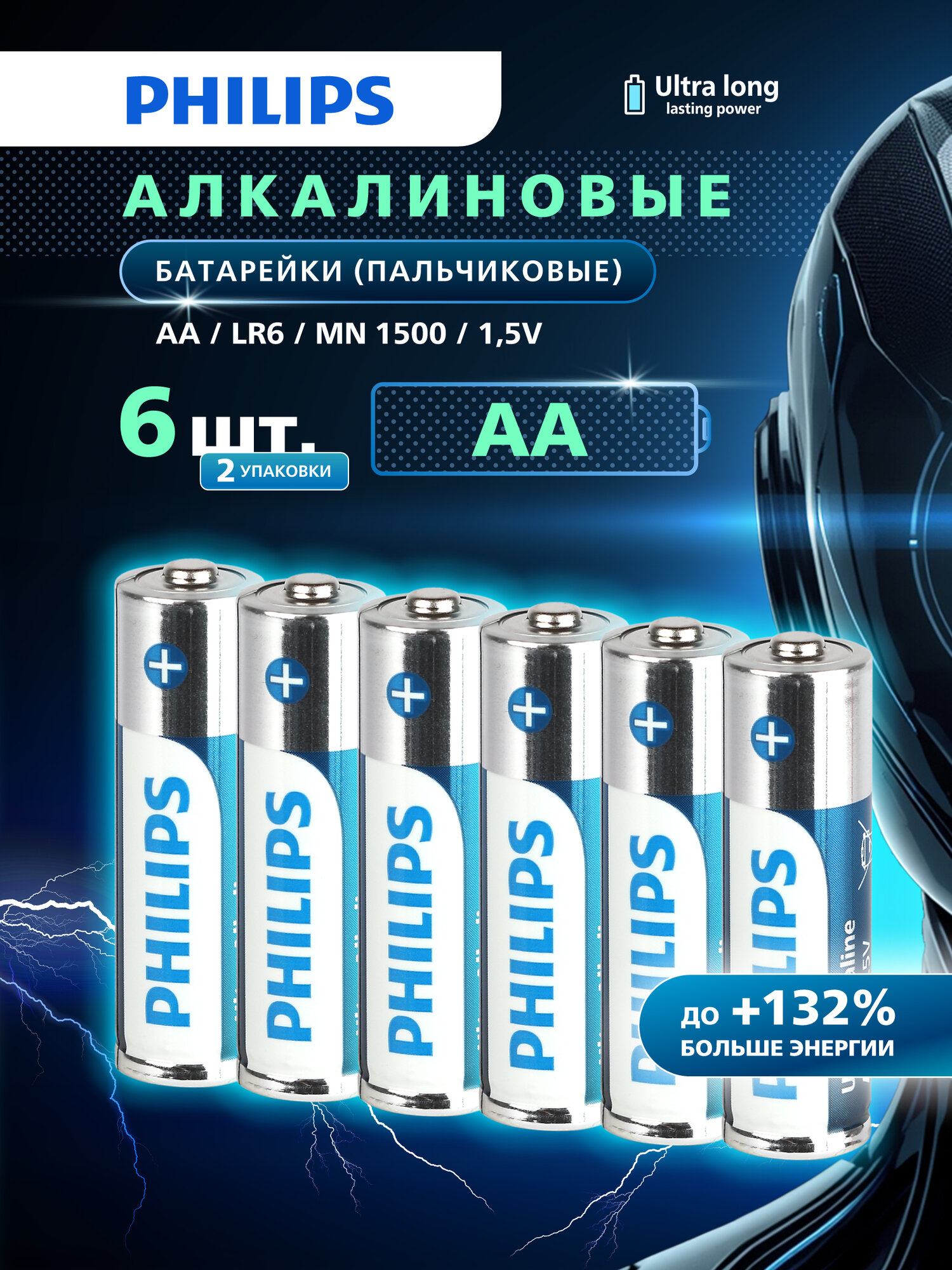 Батарейки пальчиковые АА алкалиновые Philips щелочные 1,5v LR6 6 штук