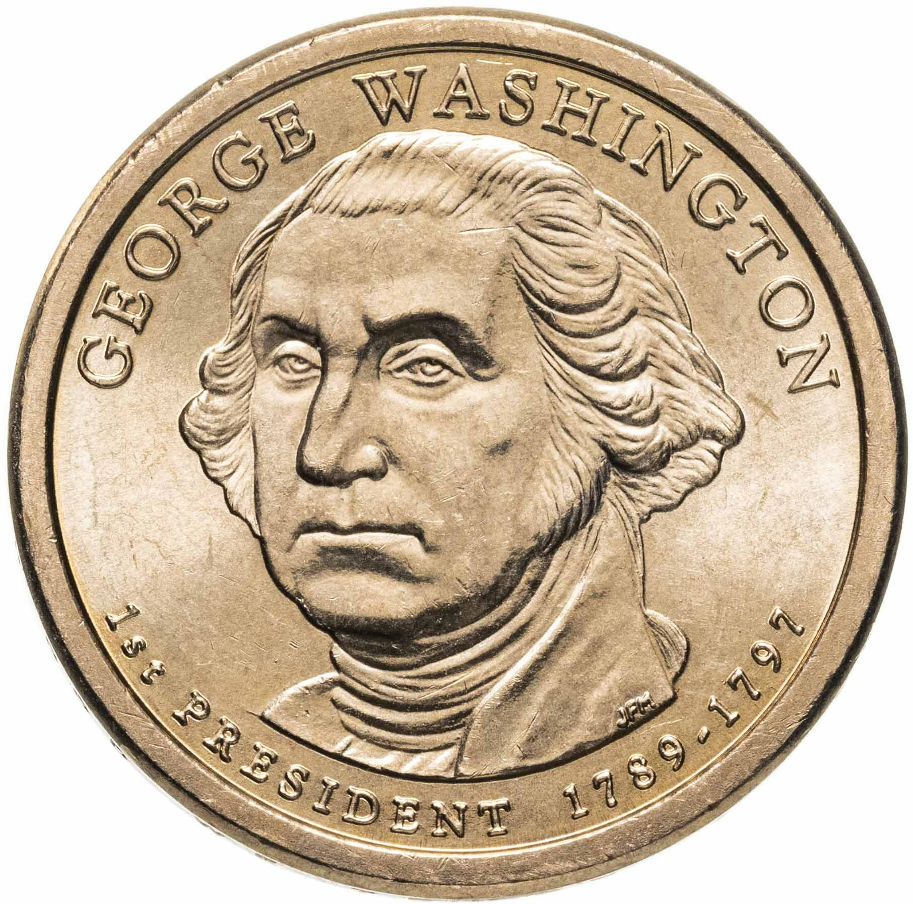 США 1 доллар dollar 2007 P "1-й президент США - Джордж Вашингтон", знак монетного двора - Филадельфия, Латунь, в сохранности UNC