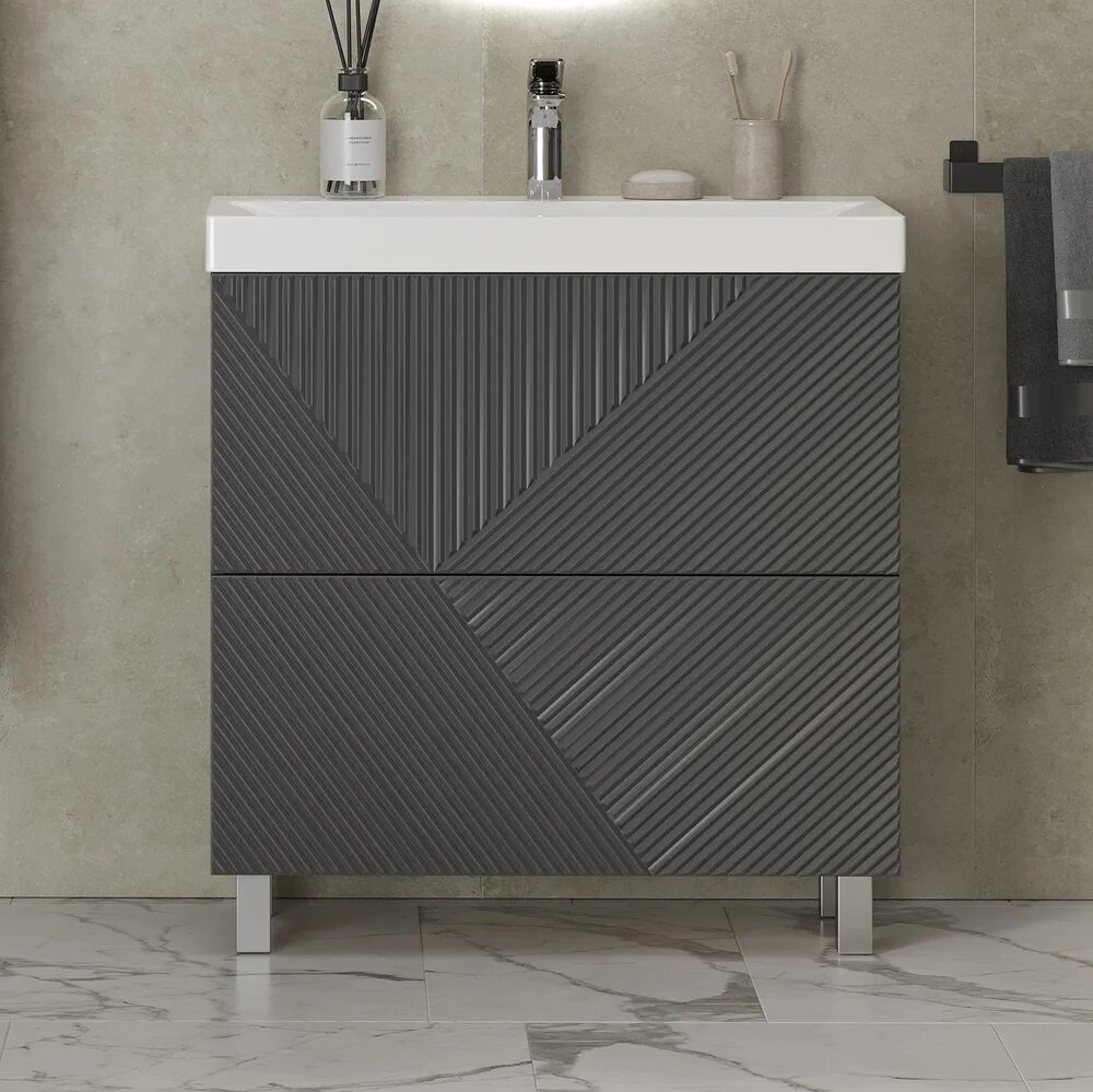 Тумба с раковиной Velvex Edge 80.2Y напольная, 81, 8 см, серая, черная, матовая, из МДФ, с ящиками, раковина для ванной, фаянсовая, прямоугольная, встроенный слив-перелив