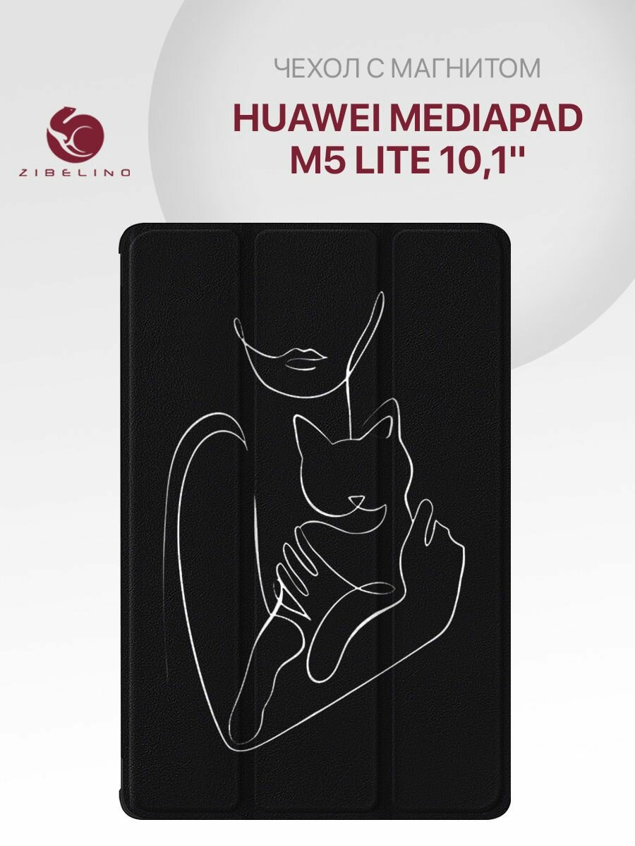 Чехол для Huawei MediaPad M5 Lite 10.1' (BAH2-W19) с рисунком, с магнитом, черный с принтом девушка С кошкой