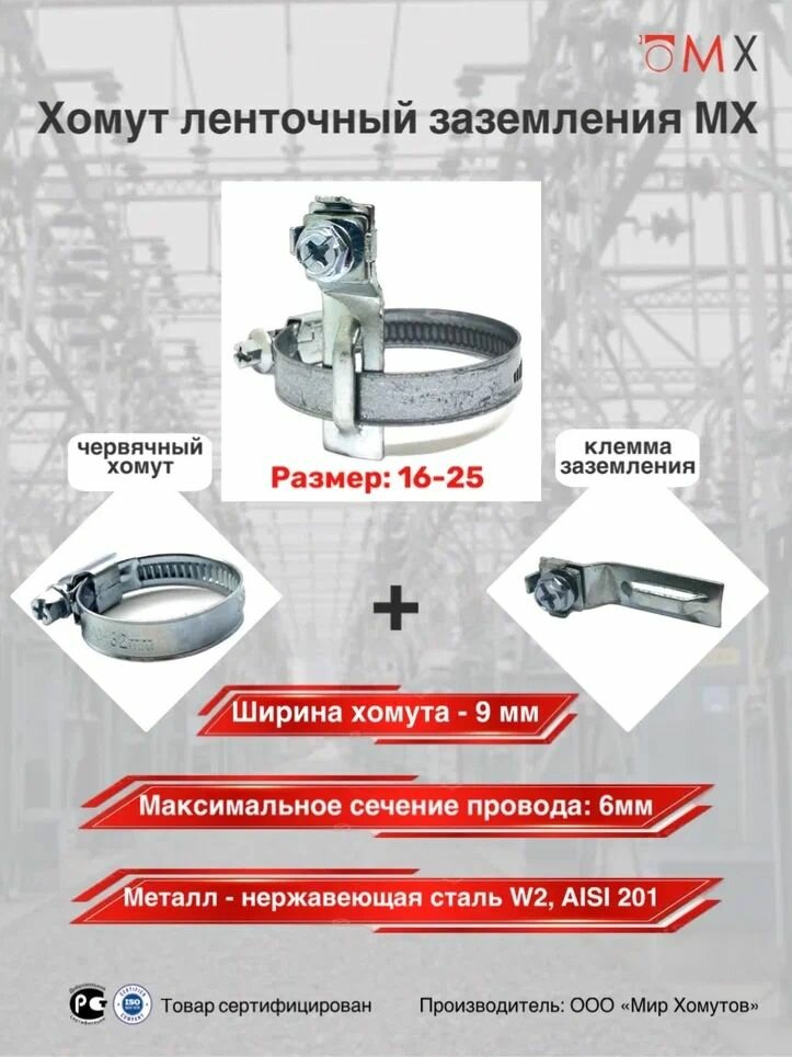 Ленточный хомут заземления 16-25, 1шт МХ (хомут из нержавеющей стали+ клемма из оцинкованной стали)