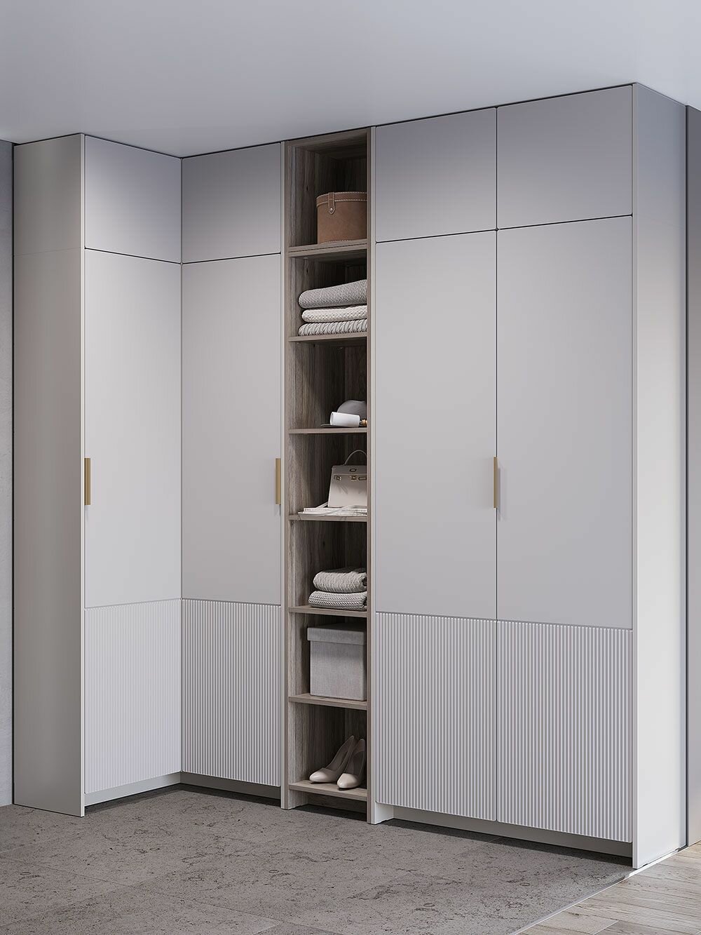 Прихожая комплект Пандора Дуо со стеллажом, с навесным шкафом, со шкафом, 225.7х86х240 см, Кашемир / Айриш / Дуб Смоки