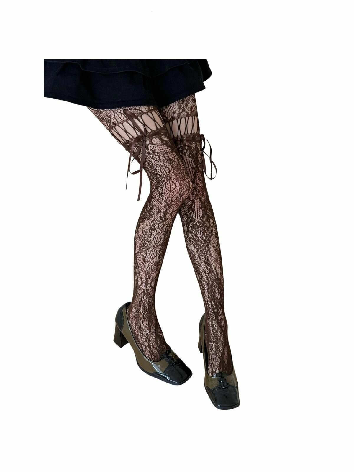 Ажурные чулки с подвязками, Кофейный цвет
