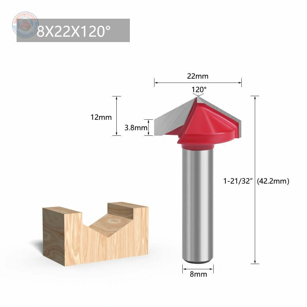 Фреза пазовая V-образная 120 , 22 12 мм, хвостовик 8 мм, карбид вольфрама, для фрезерования шпунтов и декоративных канавок