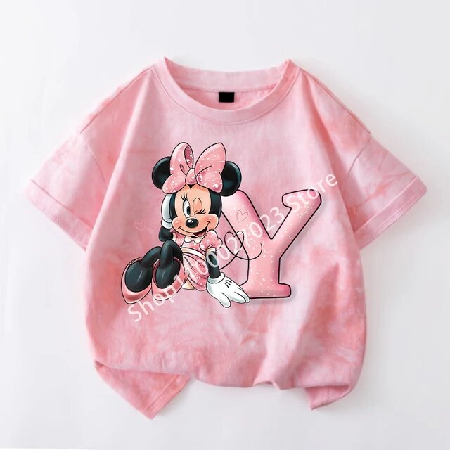 Футболка с короткими рукавами и принтом букв Минни Маус для мальчиков и девочек Диснея в стиле тай-дай. Футболка с круглым вырезом. Милые подарки для детей.