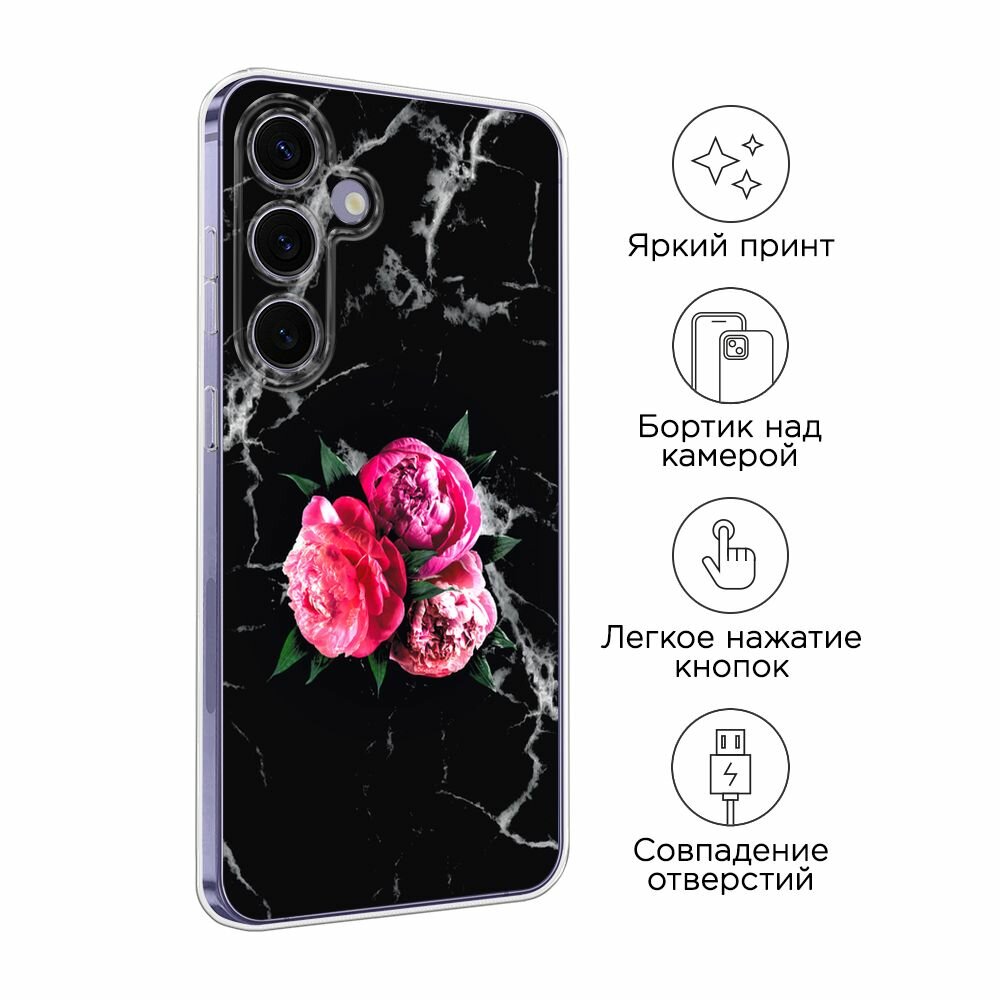 Чехол на Samsung Galaxy S24 Plus / Самсунг S24 Plus с принтом "Букет на черном мраморе" — фото 1