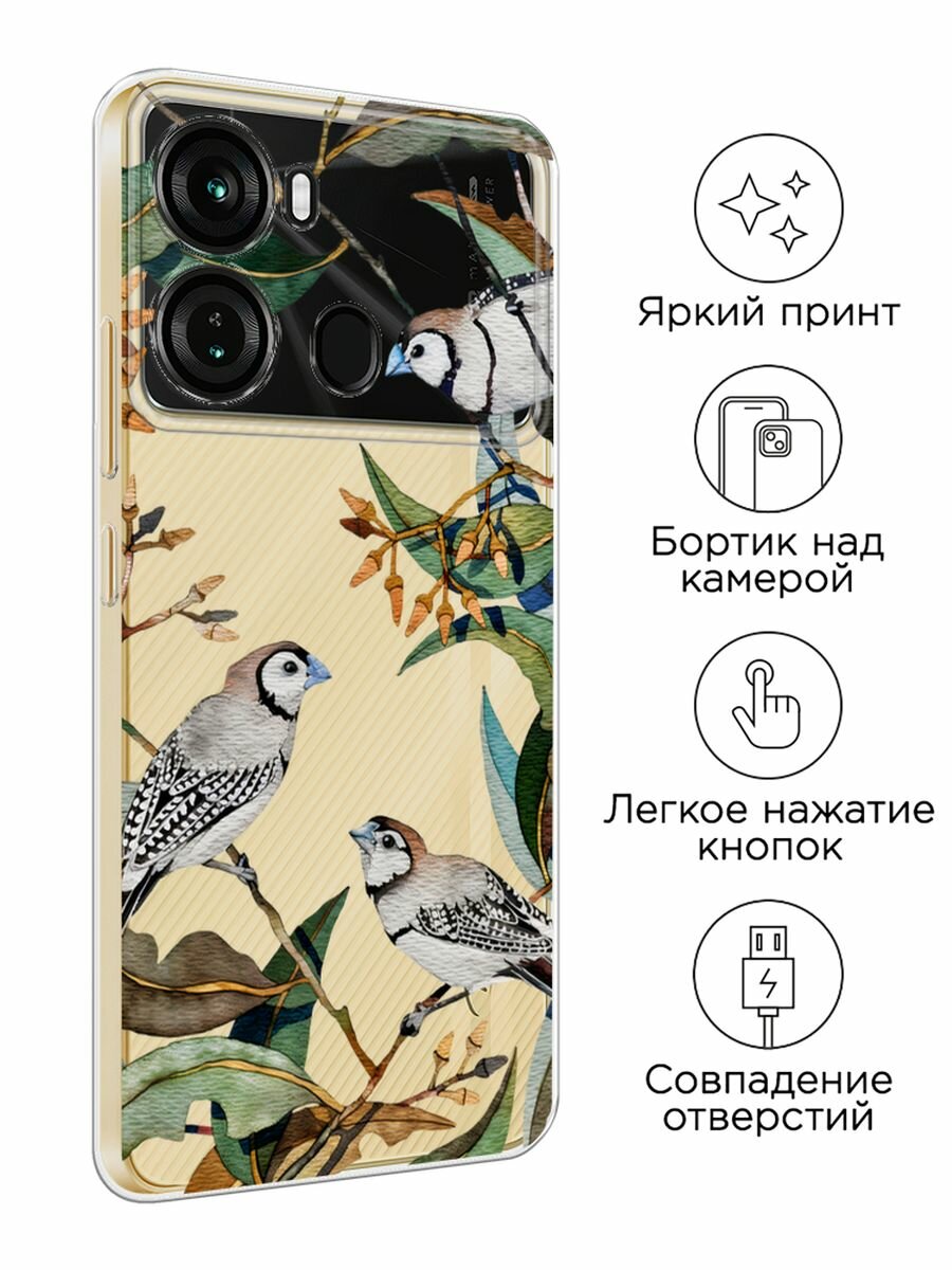 Чехол на Itel P40 / Ител P40 с принтом "Птицы в листве", прозрачный — фото 1