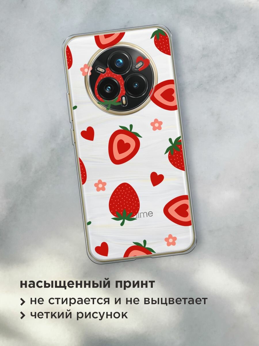 Чехол на Realme 14 Pro+ / Реалми 14 Про+ с принтом "Heart strawberries 2 - 14 февраля", прозрачный — фото 1