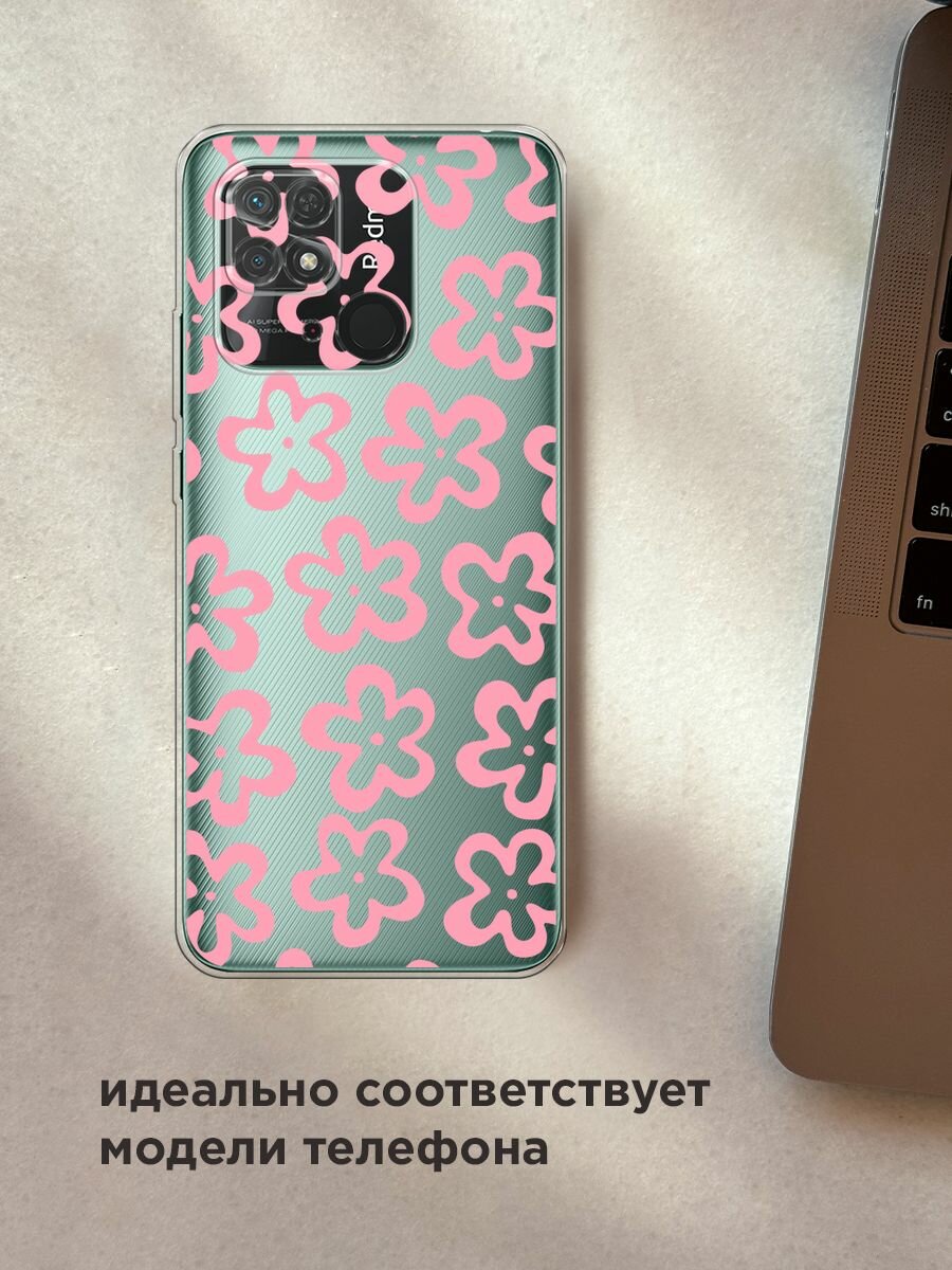 Чехол на Xiaomi Redmi 10C / Сяоми Редми 10C с принтом "Простые розовые цветочки", прозрачный — фото 1