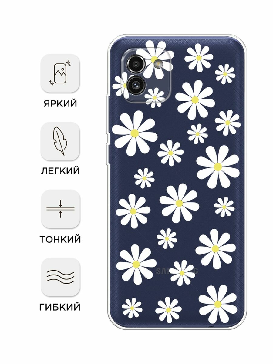 Чехол на Samsung Galaxy A03 / Самсунг Галакси А03 с принтом "Большие ромашки", прозрачный — фото 1