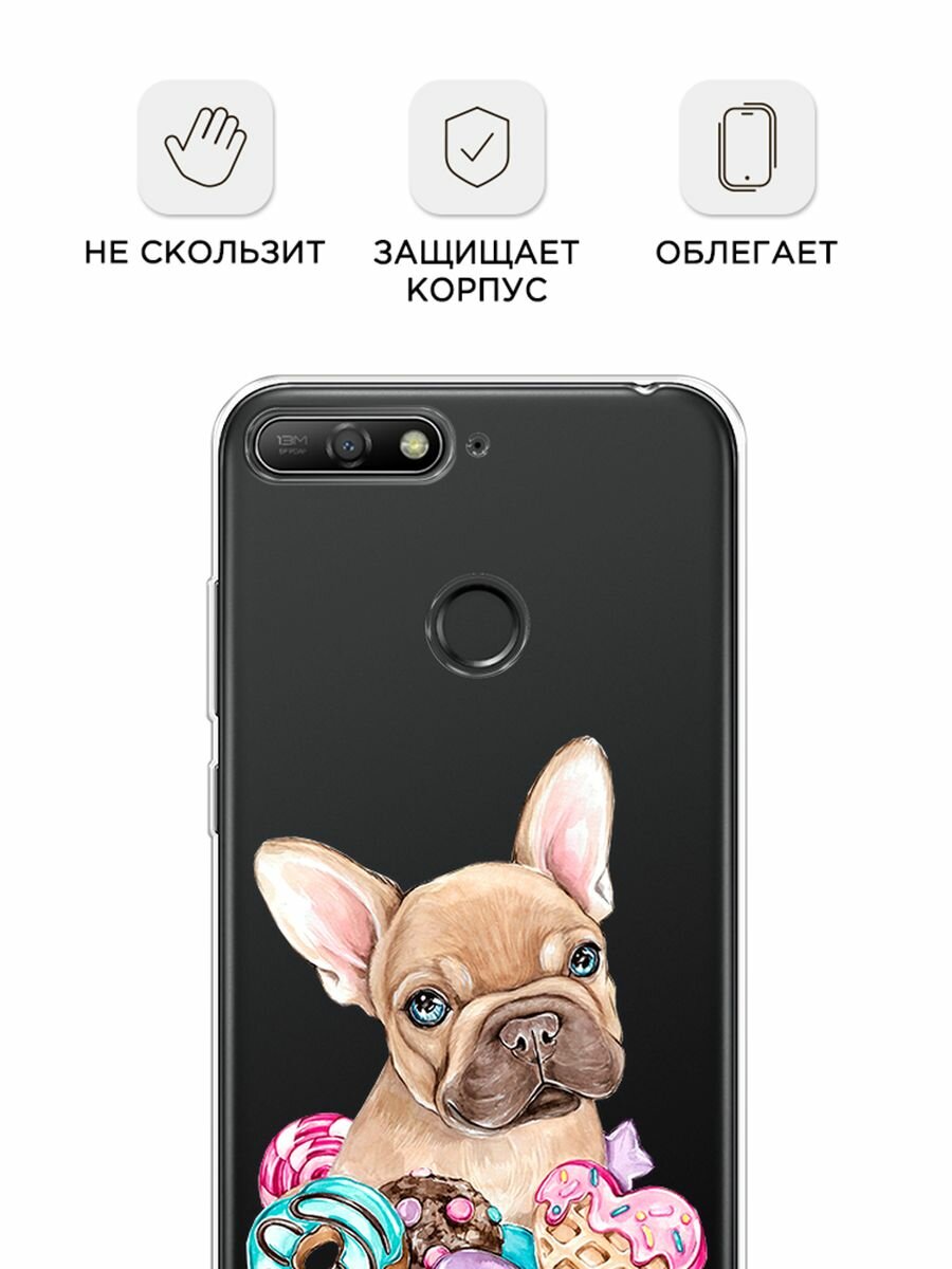 Чехол на Honor 7C/7A Pro/Huawei Y6 Prime 2018 / Хонор 7С/7А Про с принтом "Бульдог и сладости", прозрачный — фото 1
