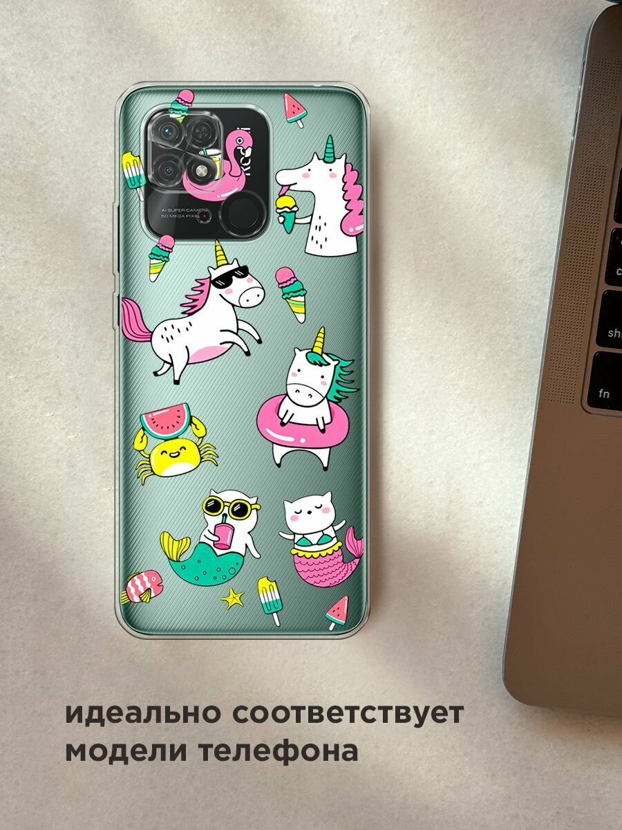 Чехол на Xiaomi Redmi 10C / Сяоми Редми 10C с принтом "Единороги в отпуске", прозрачный — фото 1