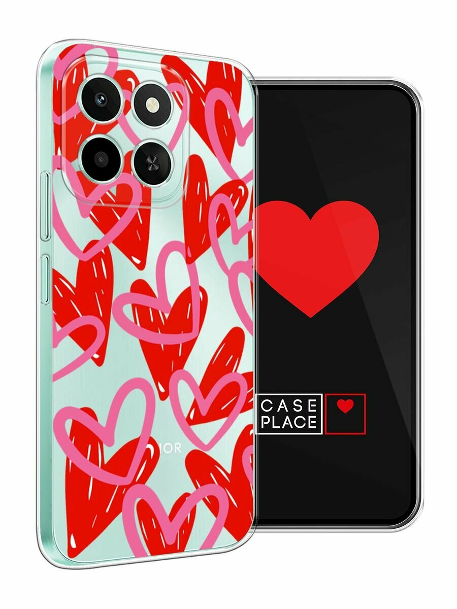 Чехол на Honor X6c / Хонор X6c с принтом "Hearts doodles - 14 февраля", прозрачный — фото 1