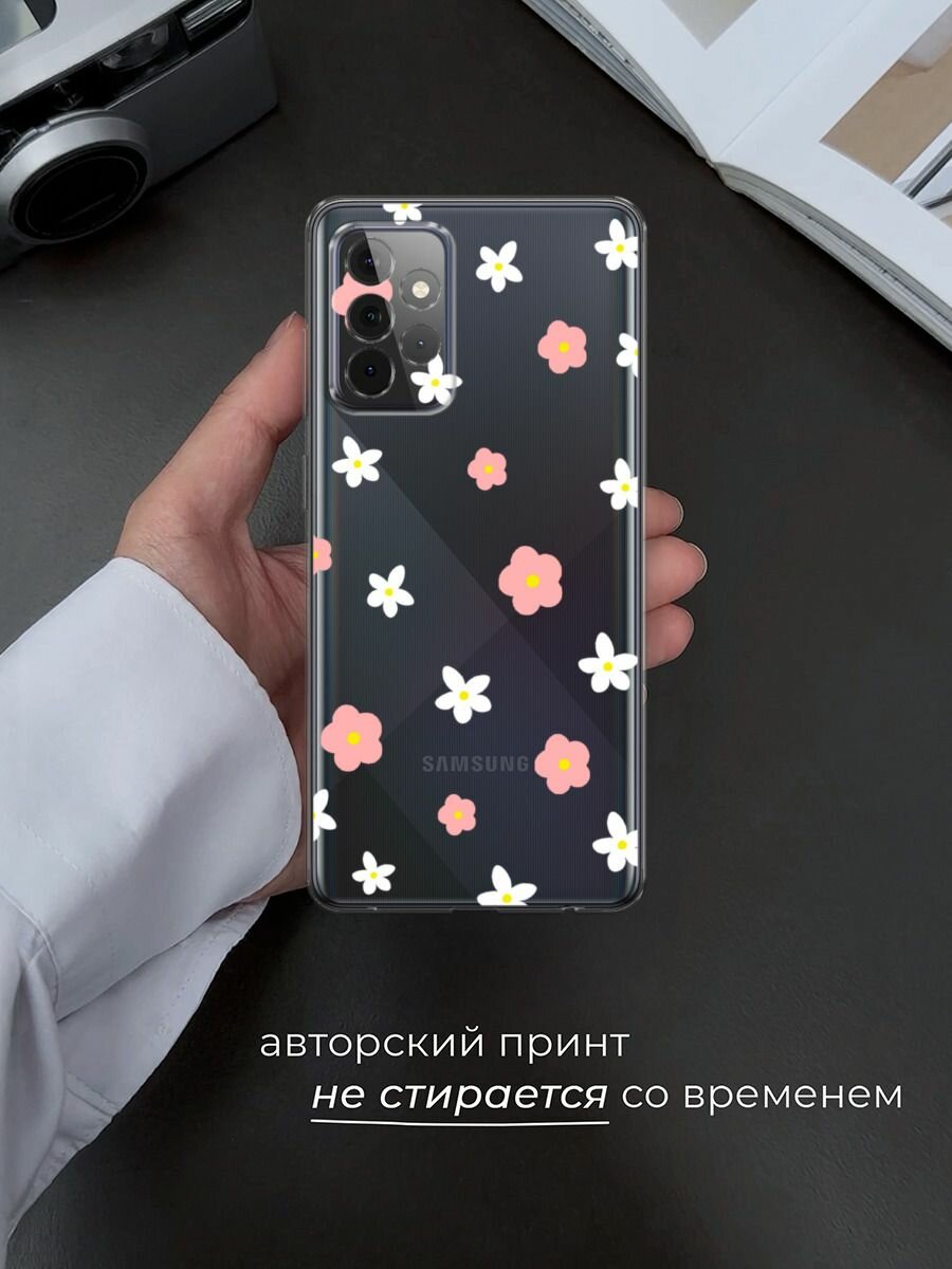 Чехол на Samsung Galaxy A72 / Самсунг Галакси А72 с принтом "Розовые и белые цветы", прозрачный — фото 1