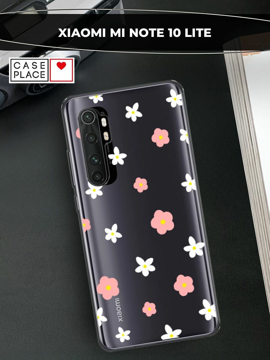 Чехол на Xiaomi Mi Note 10 lite / Сяоми Ми Нот 10 лайт с принтом "Розовые и белые цветы", прозрачный