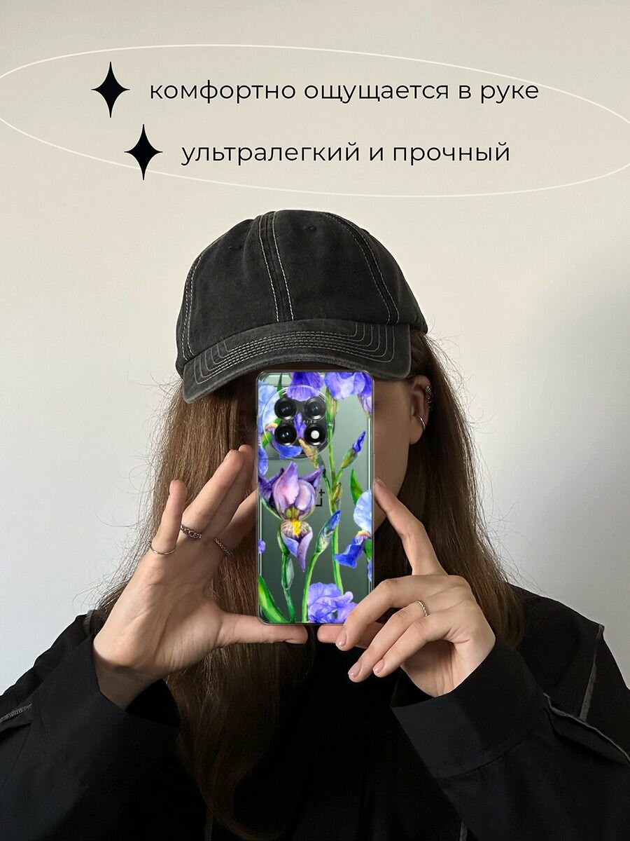 Чехол на OnePlus 11 / Ван Плас 11 с принтом "Синие ирисы", прозрачный — фото 1