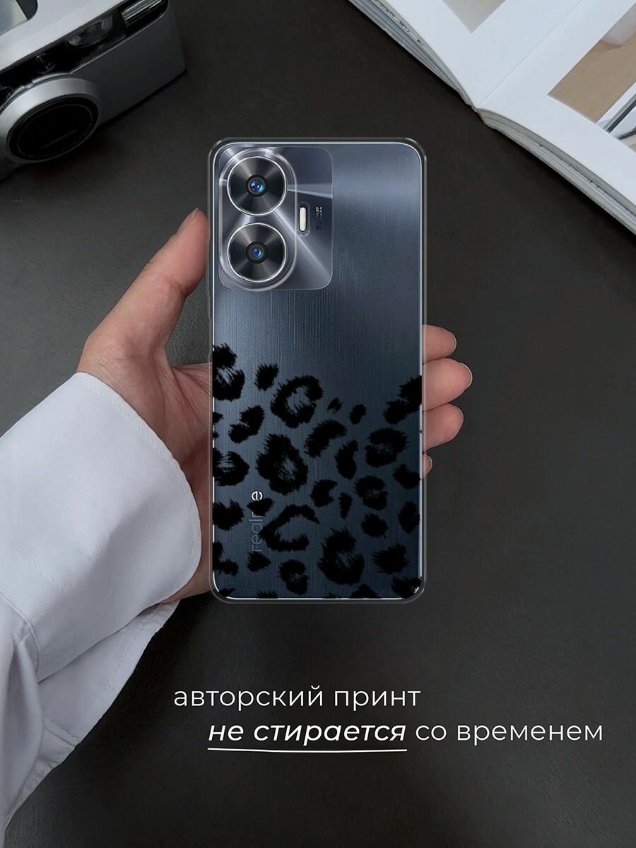 Чехол на Realme C55 / Реалми C55 с принтом "Окрас леопарда фон черный", прозрачный — фото 1