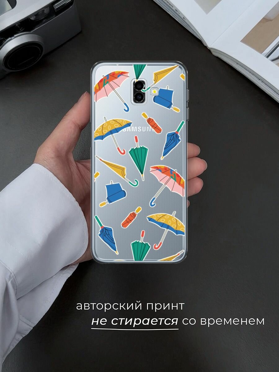 Чехол на Samsung Galaxy J6 + / Самсунг Галакси J6 Плюс 2018 с принтом "Зонты паттерн", прозрачный — фото 1