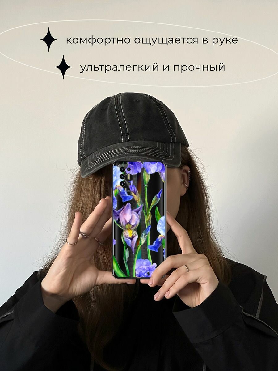 Чехол на Tecno Pova 2 / Текно Пова 2 с принтом "Синие ирисы", прозрачный — фото 1