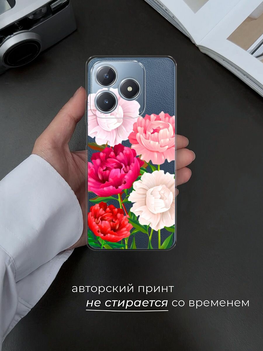Чехол на Realme C63 / Реалми С63 с принтом "Большие пионы", прозрачный — фото 1