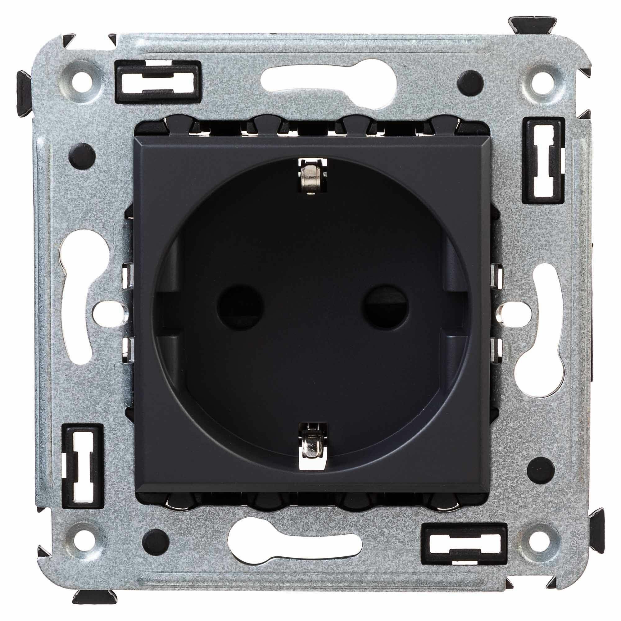 Розетка с заземлением DKC Avanti, в стену, 2P+E, с защитными шторками, черный матовый