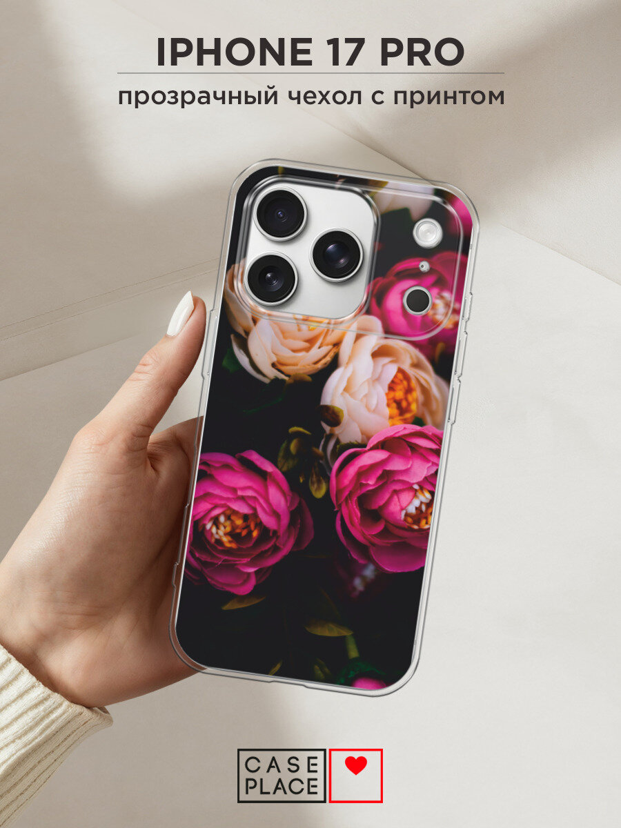 Чехол на Apple iPhone 17 Pro / Айфон 17 Про с принтом Розовые пионы на черном