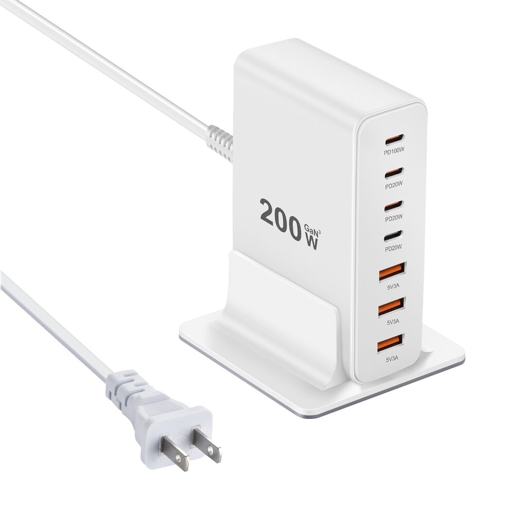 Зарядный кирпичный концентратор Зарядная станция мощностью 200 Вт, 7-портовый USB-адаптер питания для зарядки, Настольный блок быстрых зарядных устройств USB Type C PD