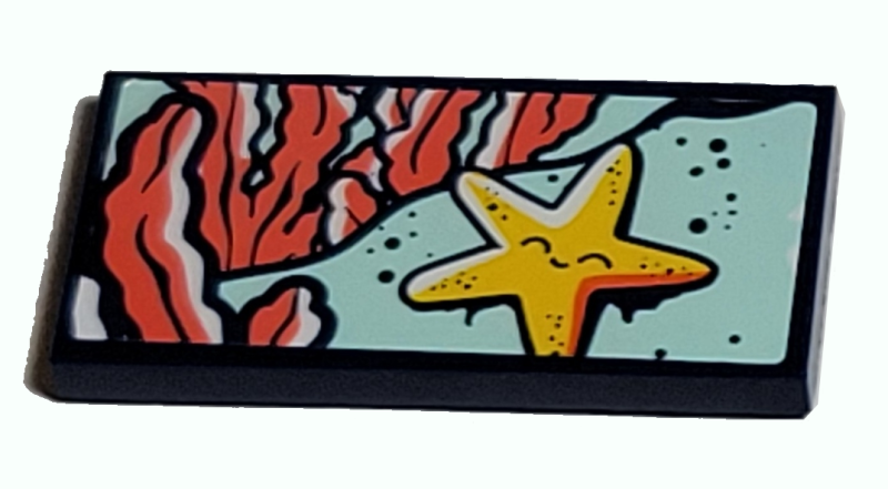 Tile 2 x 4 with Yellow Starfish and Coral Seaweed Pattern (Sticker) - Set 41380, 87079pb1005 Dark Blue U