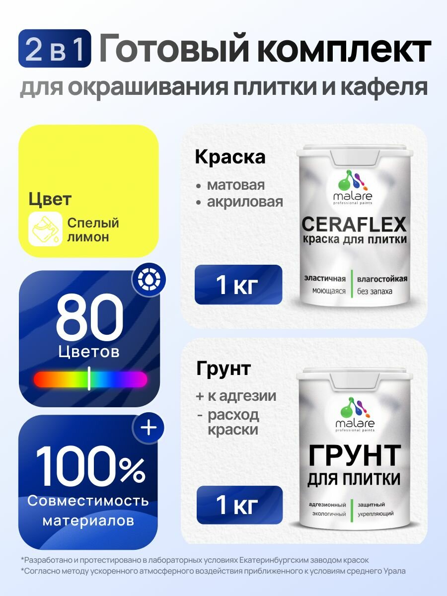 Комплект Malare для окрашивания плитки и кафеля (1кг грунт + 1кг краска), акриловый, без запаха, быстросохнущий, матовый, цвет спелый лимон